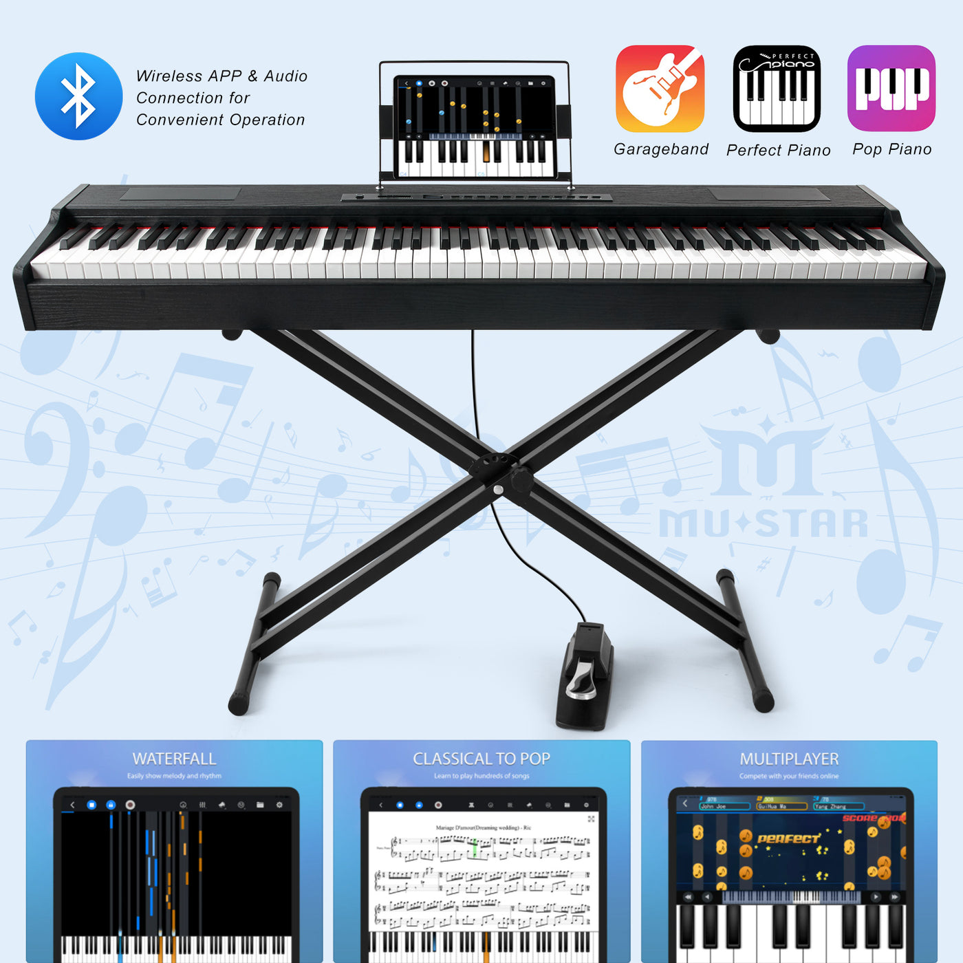 MUSTAR MDP-1200, 88 Key Weighted Digital Piano Wooden Electronic Keyboards, Hammer Action ...