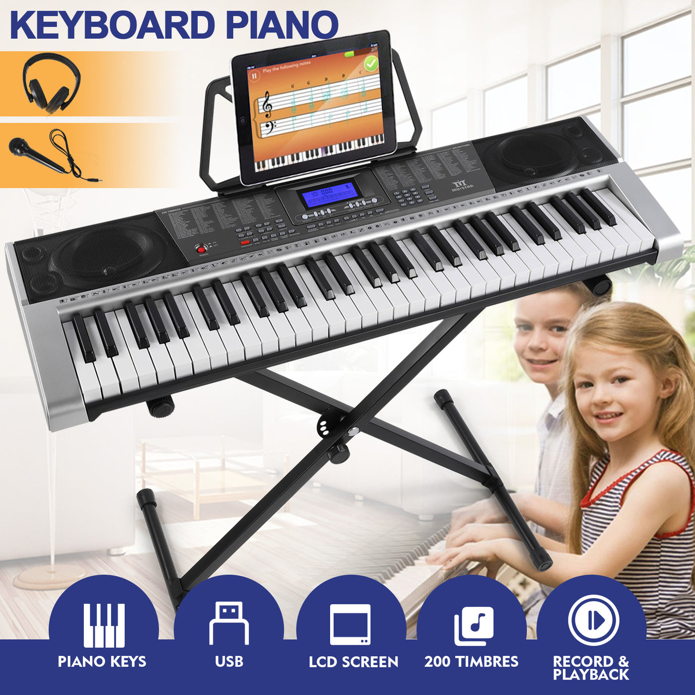 MUSTAR MEK-300, 61 Key Portable Electronic Keyboard, Lighted Up Keys,